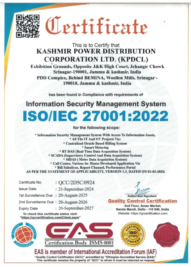 KPDCL achieves ISO Quality Control Certification - Greater Kashmir